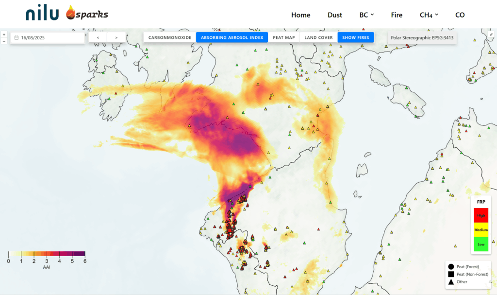 Extreme wildfire in Spain – TROPOMI Aerosol Index 16 August 2025